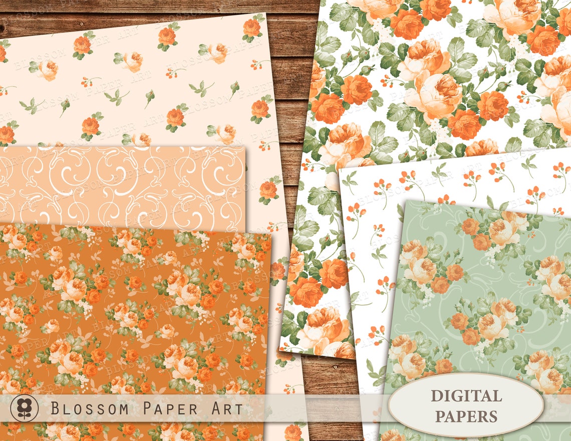 Orange Scrapbook Paper ROSES Digital Paper Digital Paper | Etsy