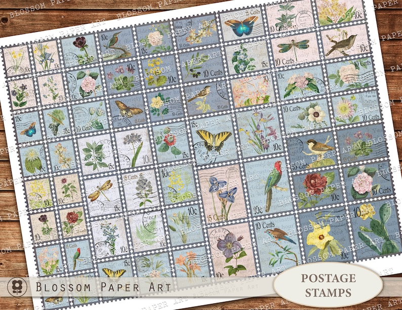 BLUE Postage Stamps Faux Stamp Digital Downloads Floral - Etsy