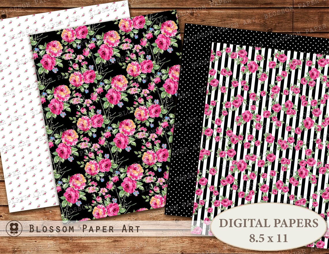 Pink and Black Digital Paper Scrapbook Paper Floral Collage | Etsy