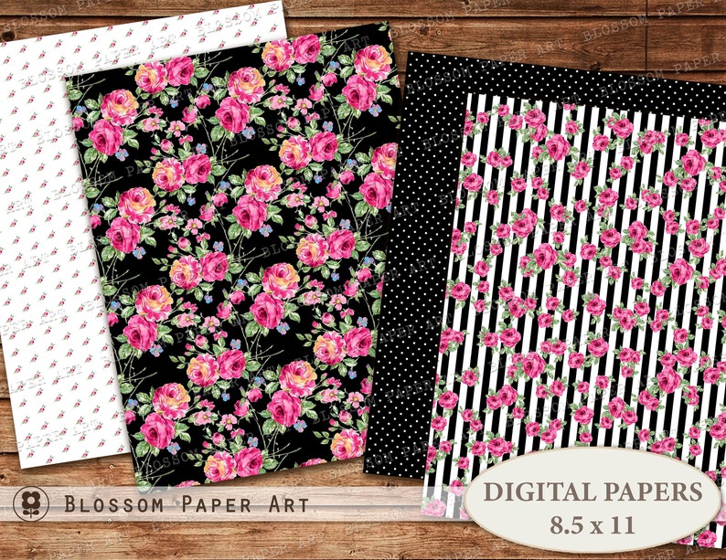 Pink and Black Digital Paper Scrapbook Paper Floral Collage - Etsy
