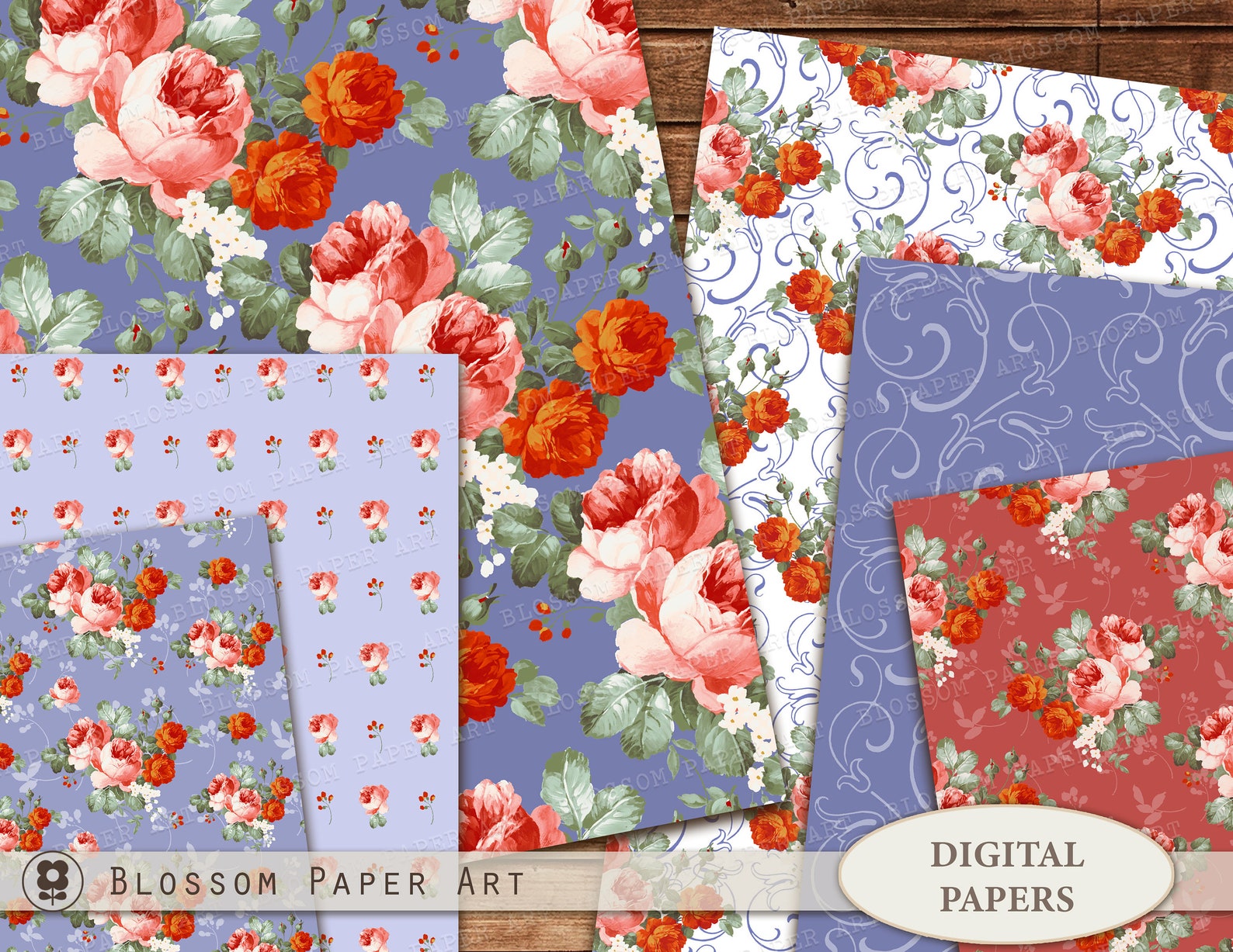 Blue Digital Paper Scrapbook Paper Floral Digital Papers - Etsy