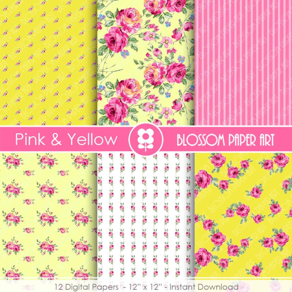Pink Floral Papers Yellow Floral Paper Pack Digital - Etsy