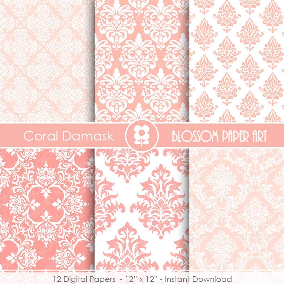Coral Damask Digital Paper Coral Digital Paper Pack - Etsy
