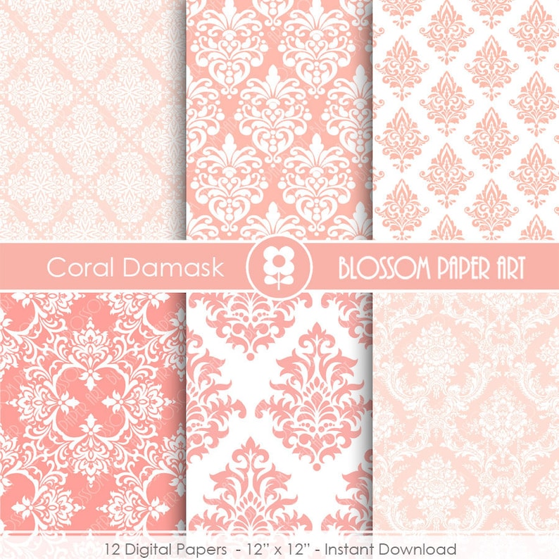Coral Damask Digital Paper Coral Digital Paper Pack - Etsy