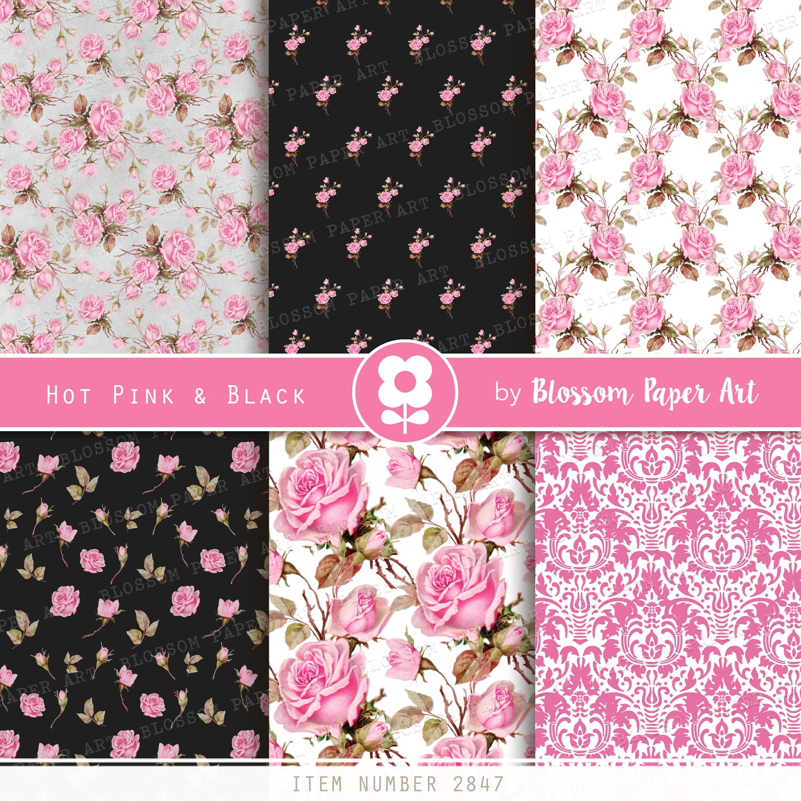 Hot Pink and Black Digital Paper Shabby Chic Scrapbook Paper | Etsy