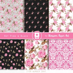Hot Pink and Black Digital Paper, Shabby Chic Scrapbook Paper, Pink ...