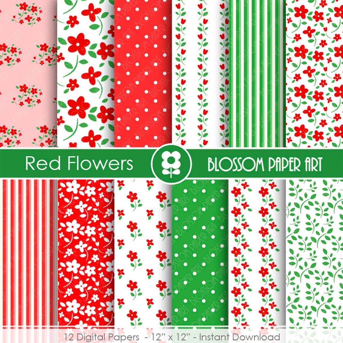 Red Digital Paper Red Flowers Digital Papers Scrapbooking | Etsy