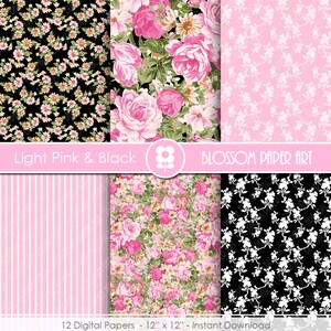 Light Pink Floral Digital Paper, Pink and Black Digital Paper Pack ...