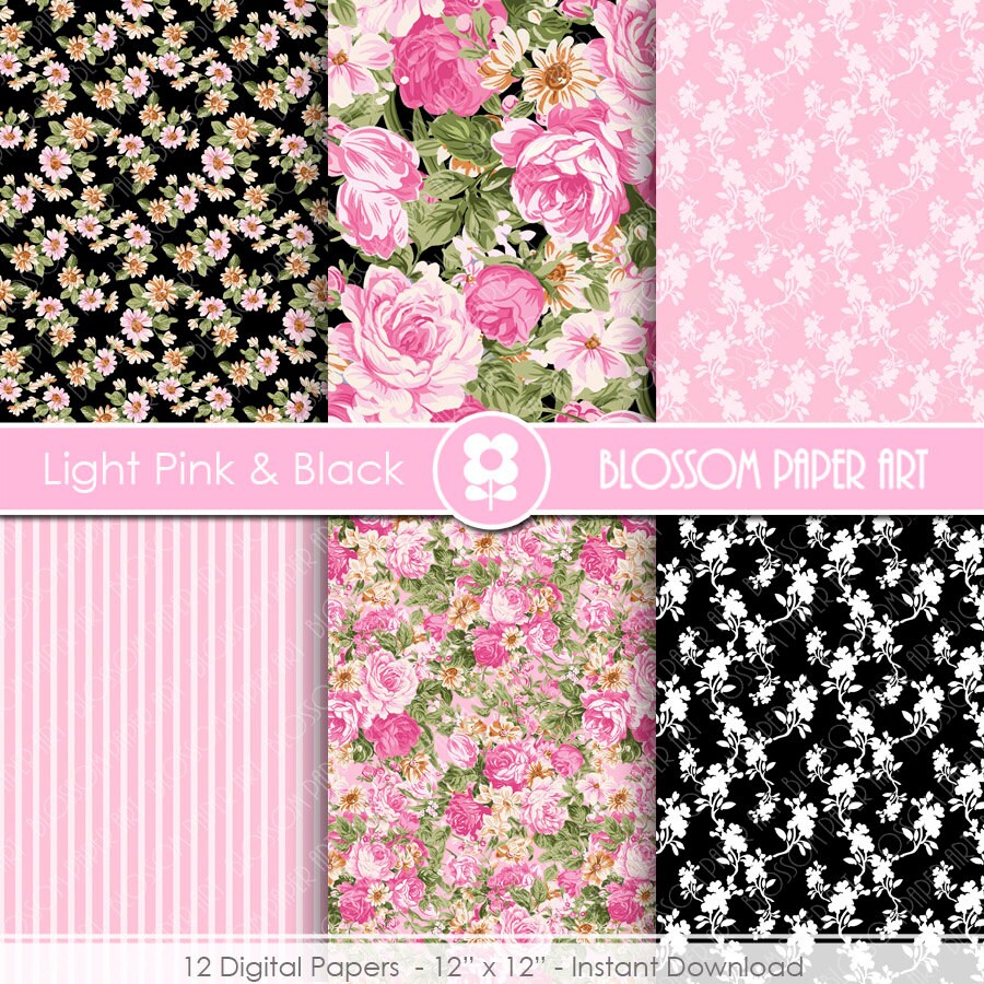 Light Pink Floral Digital Paper Pink and Black Digital Paper | Etsy