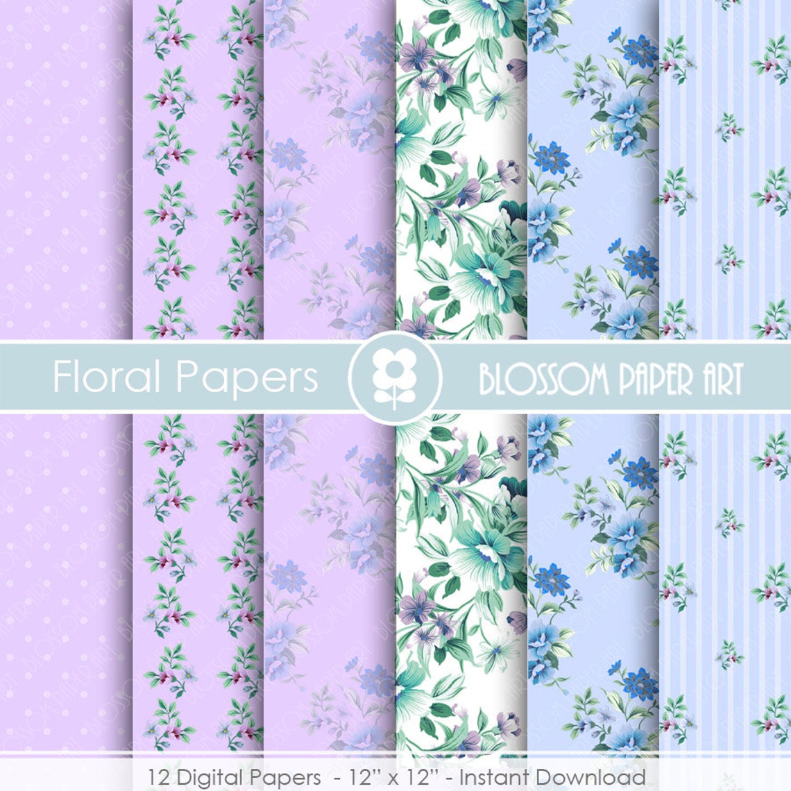 Shabby Chic Digital Paper Pack Blue and Purple Floral Digital - Etsy