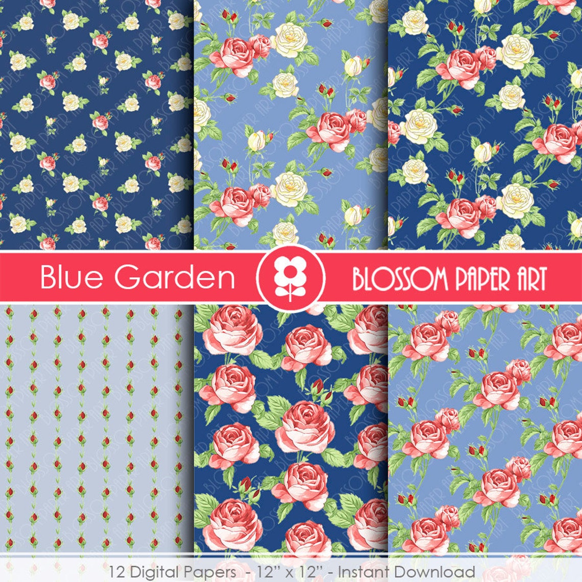 Blue Scrapbook Paper Pack Floral Digital Papers Scrapbook - Etsy
