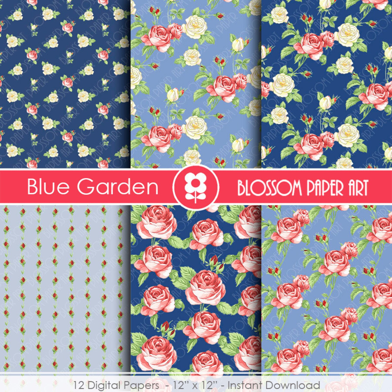 Blue Scrapbook Paper Pack Floral Digital Papers Scrapbook - Etsy