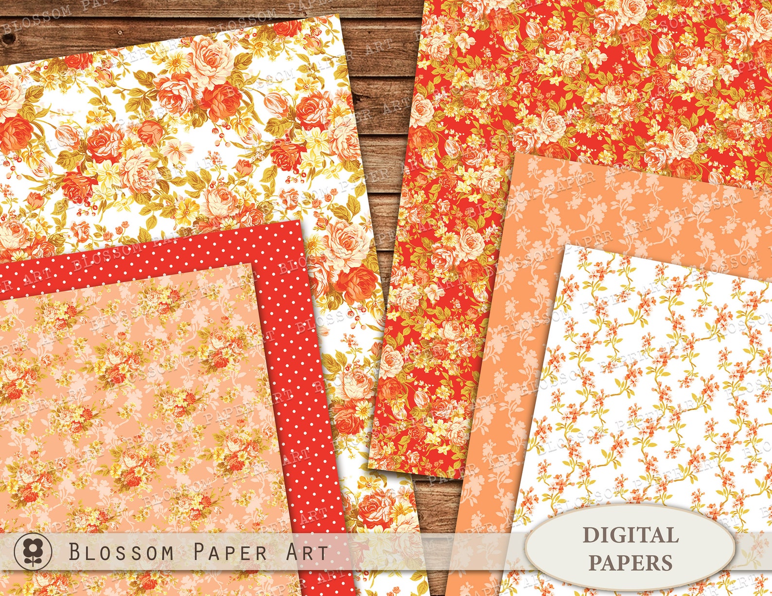 Orange Digital Paper Floral Scrap Paper Rose Digital Paper - Etsy
