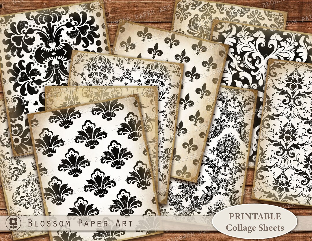 Printable Digital Paper BLACK DAMASK Vintage Digital Collage Sheet Junk ...