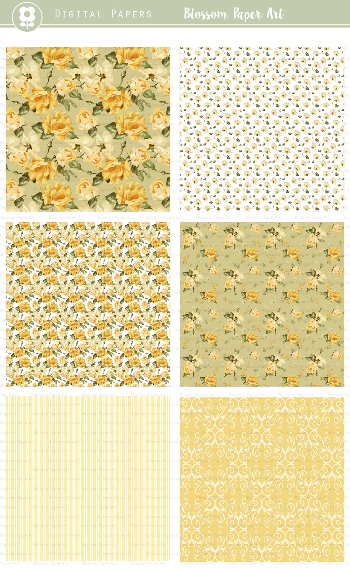Yellow Digital Paper Floral Digital Paper Pack Floral | Etsy