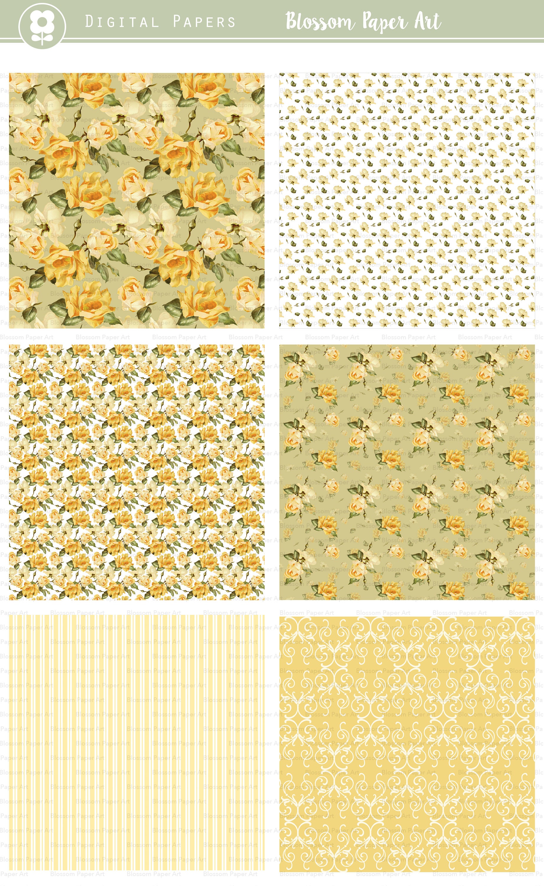 Yellow Digital Paper Floral Digital Paper Pack Floral | Etsy