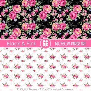 Pink and Black Digital Paper, Floral Digital Paper Pack, Pink Roses ...