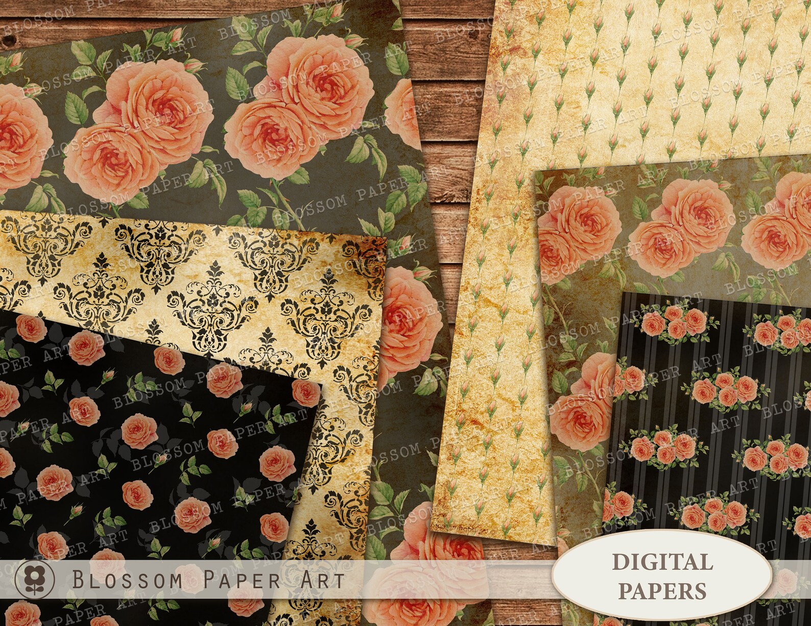 Vintage Digital Paper Black Gold Roses Floral Digital Paper | Etsy