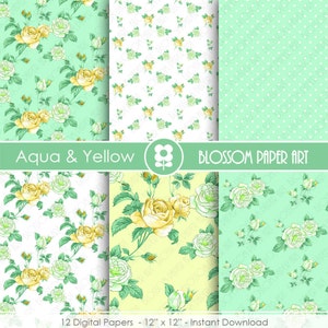 Aqua Floral Digital Paper, Yellow Roses Shabby Chic Digital Paper Pack ...