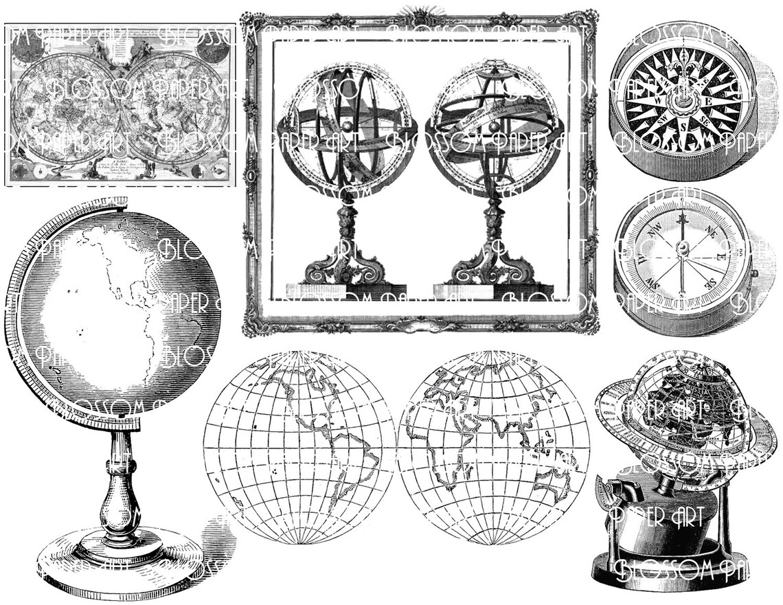 Globe Digital Collage Sheet Traveler Graphics Junk Journal | Etsy