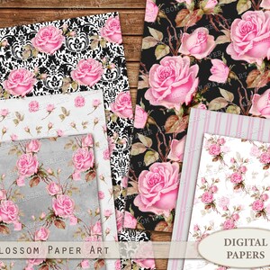 Hot Pink and Black Digital Paper, Shabby Chic Scrapbook Paper, Pink ...