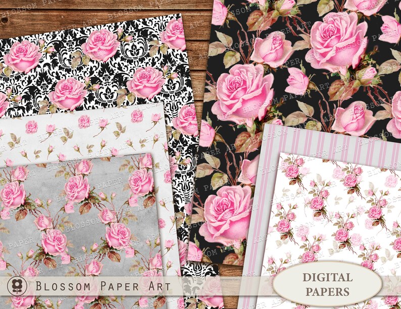 Hot Pink and Black Digital Paper Shabby Chic Scrapbook Paper - Etsy