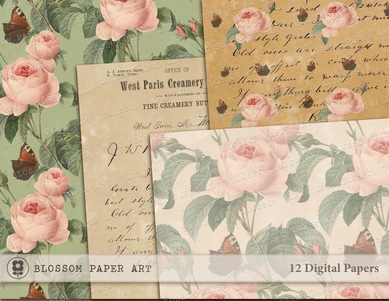Rose Digital Paper Pack: Vintage Floral Scrapbooking (instant Download ...