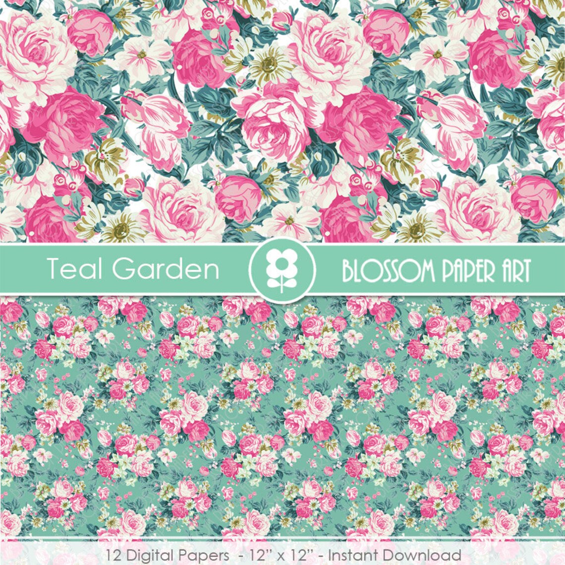 Teal & Pink Floral Digital Paper Pack: Scrapbooking, Decoupage (digital ...