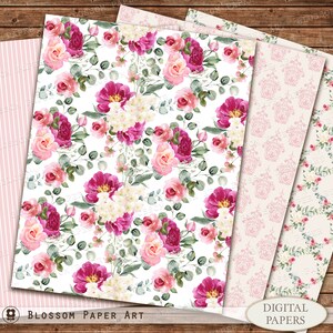 Pink Floral Digital Paper, Pink Digital Paper for Scrapbooking ...