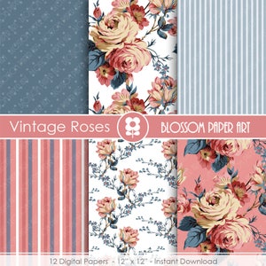 Rose Digital Paper, Pink Blue Floral Digital Paper Pack, Pink Roses ...