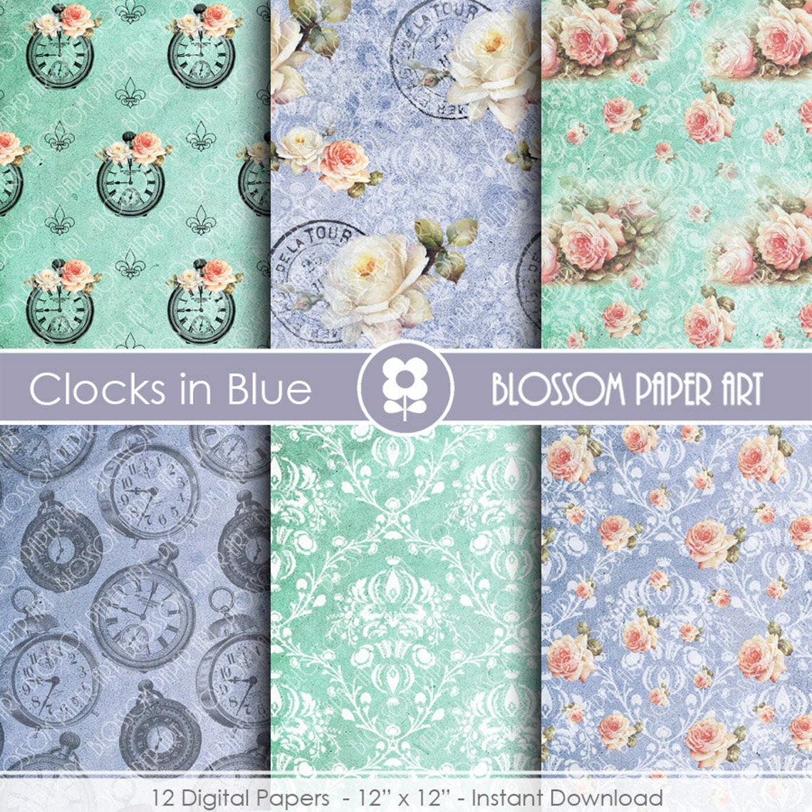 Blue Digital Paper Vintage Digital Paper in Blue Collage | Etsy