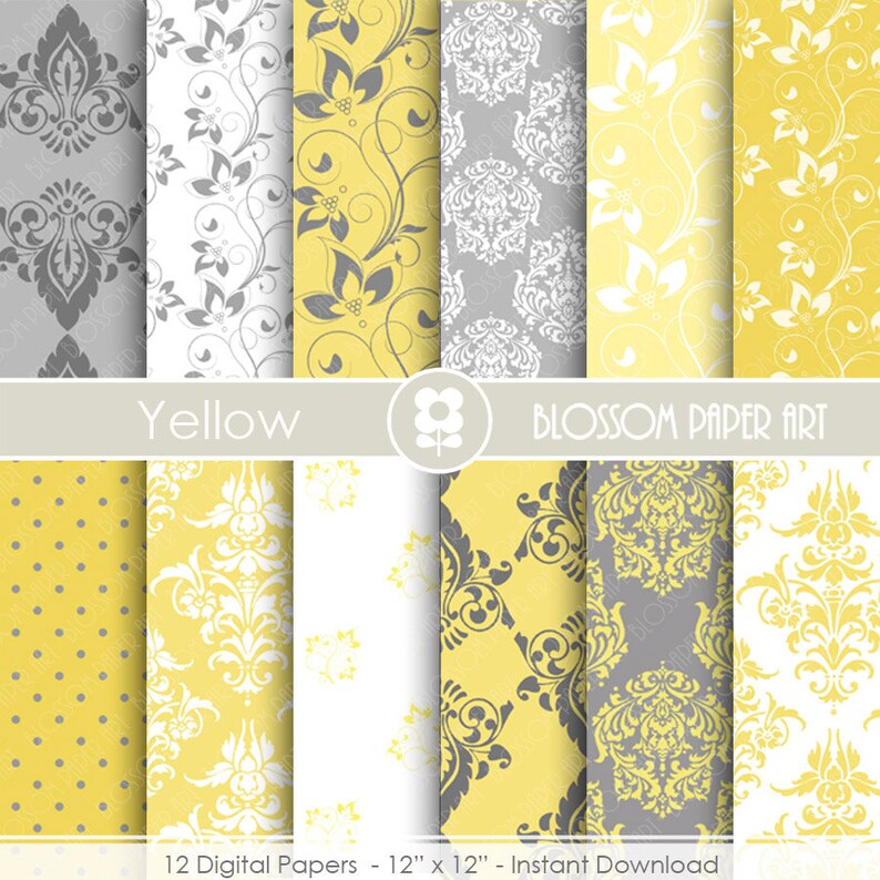 Digital Paper Yellow Digital Paper Pack Damask Digital Paper - Etsy