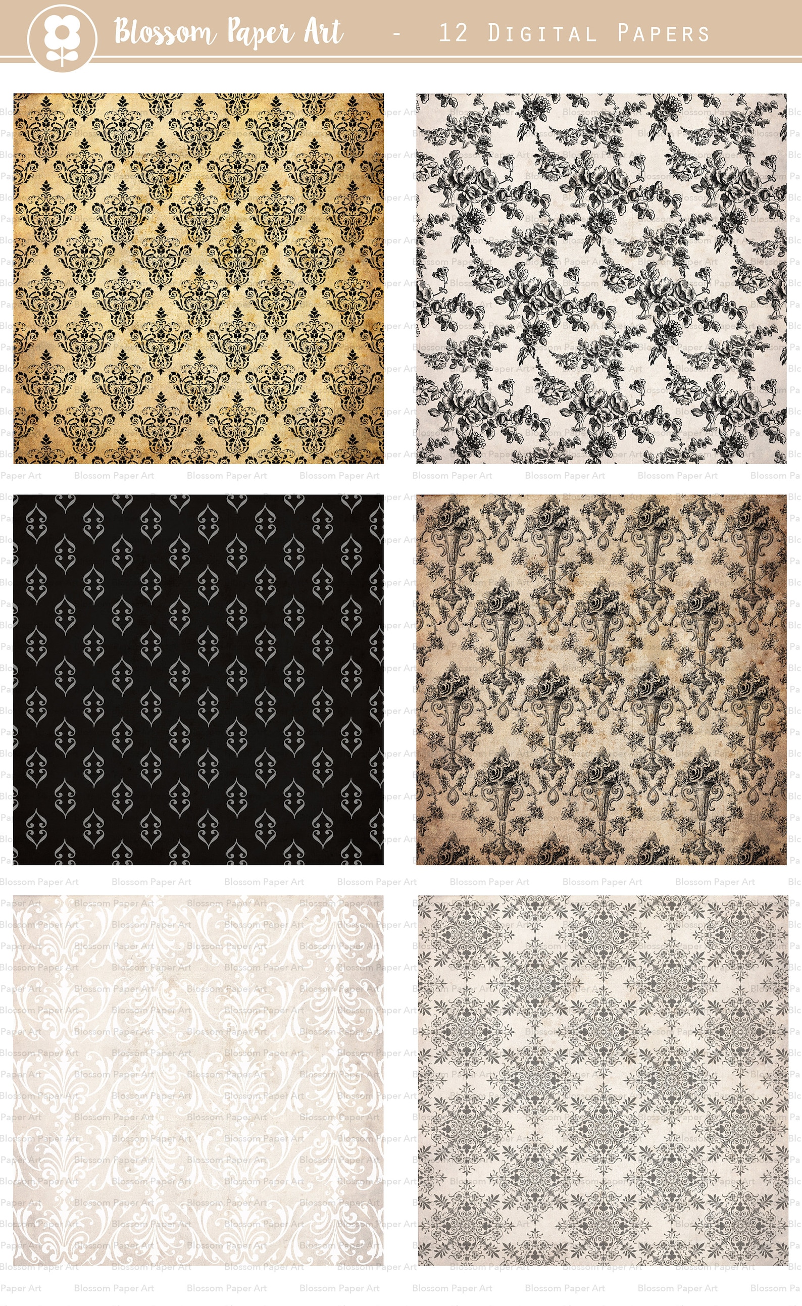Damask Vintage Digital Paper Black Old Paper Digital Paper - Etsy