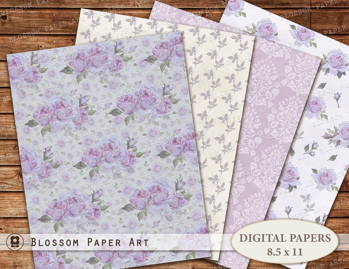Purple Digital Paper Roses Scrapbook Paper Vintage Floral | Etsy