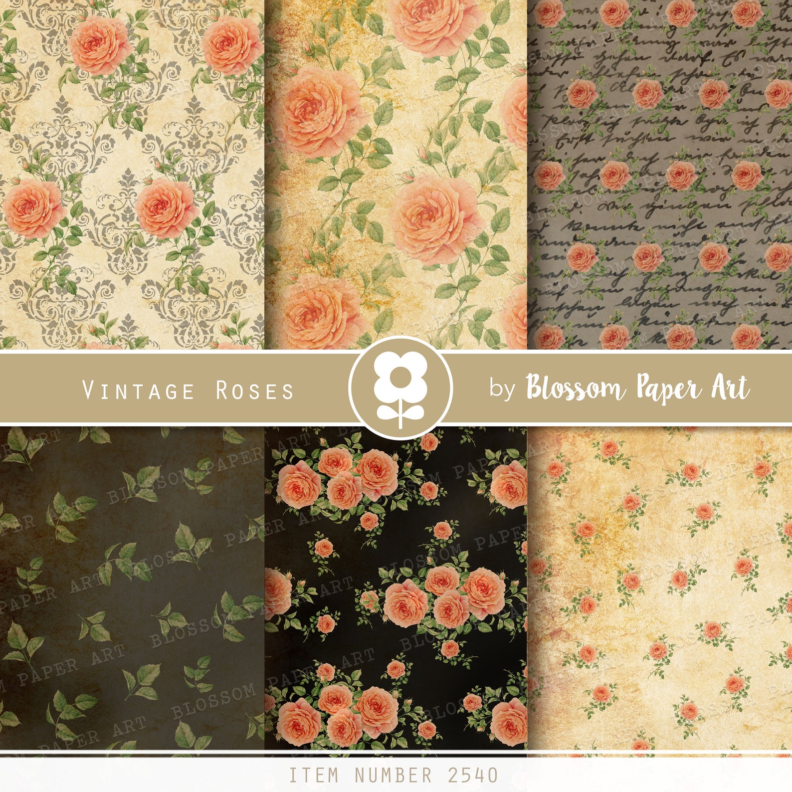 Vintage Digital Paper Black Gold Roses Floral Digital Paper | Etsy