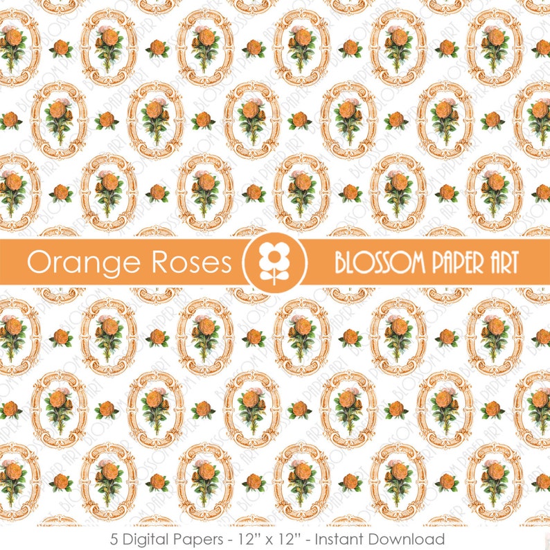 Orange Scrapbook Paper Roses Digital Paper Pack Vintage | Etsy