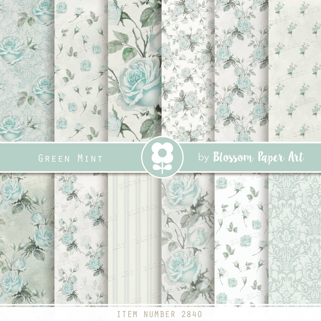 Mint Green Roses Digital Paper: Shabby Chic Scrapbook Paper (instant ...