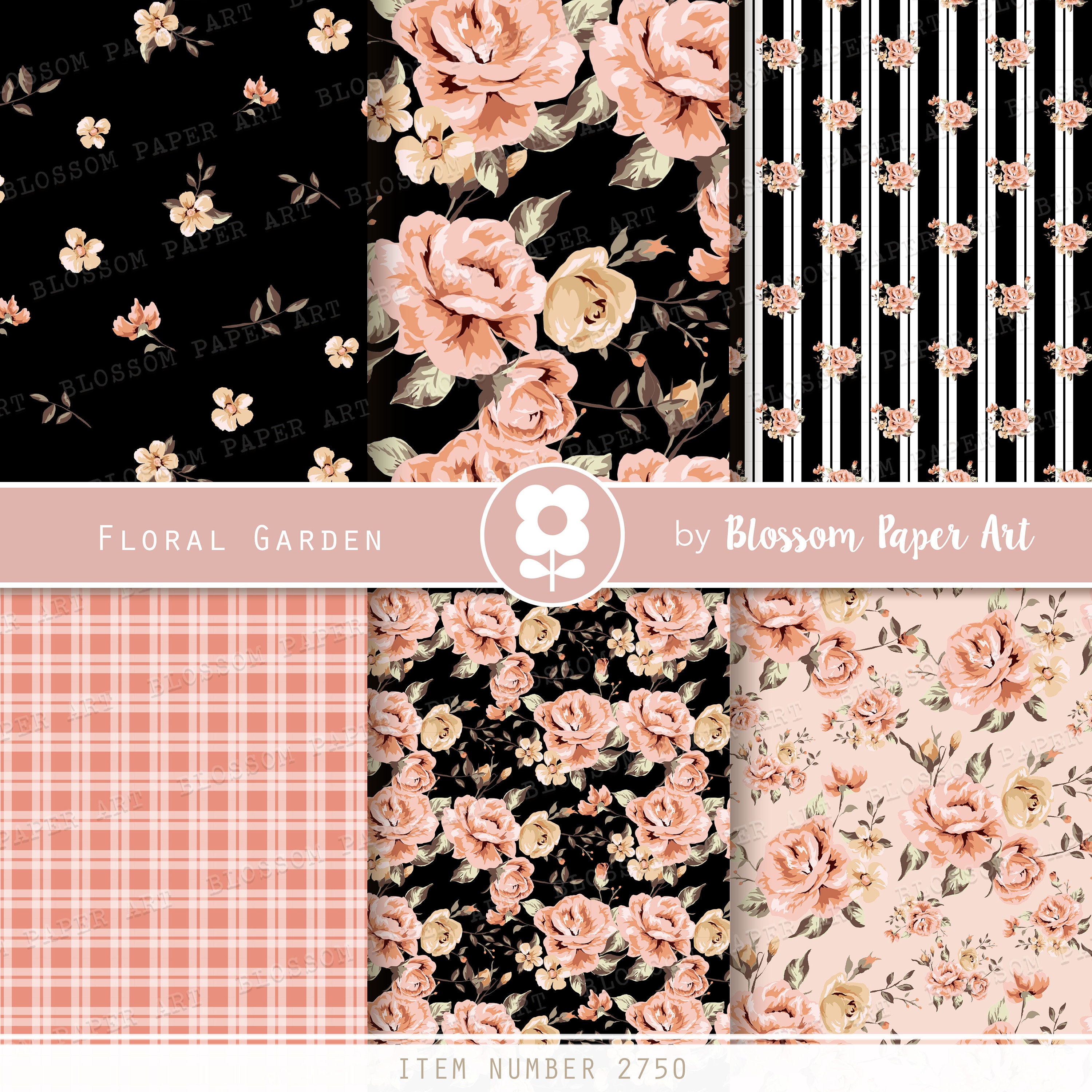 Black Floral Digital Paper Pack: Coral Rose Scrapbook (digital Download ...