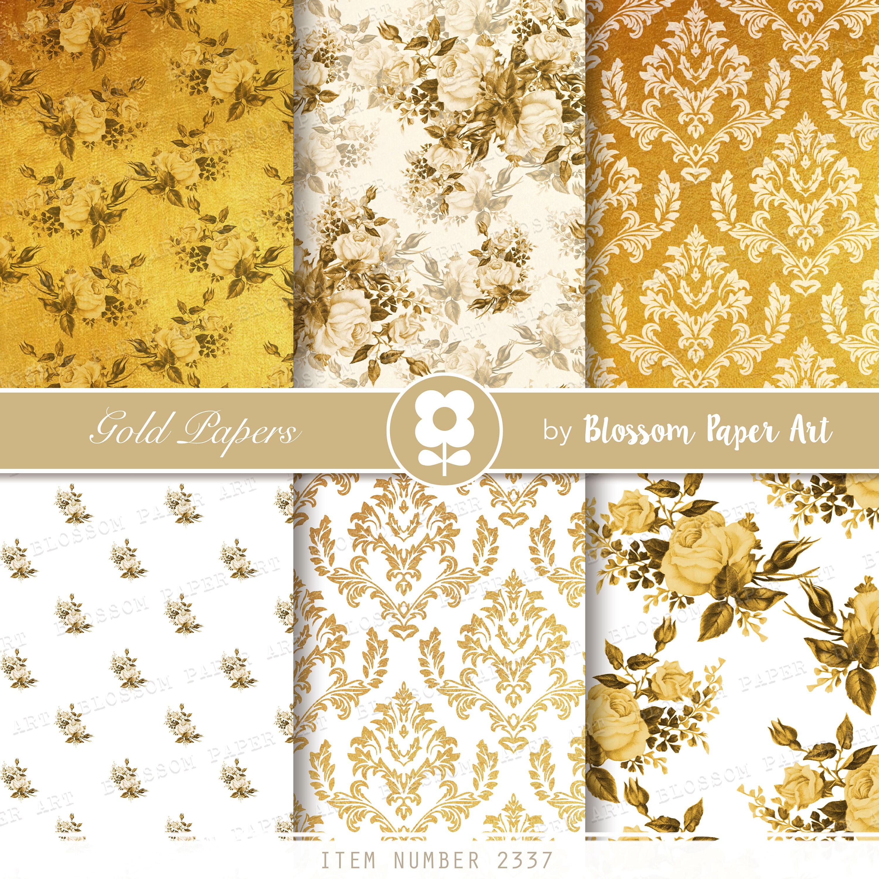 Gold Digital Paper Gold Floral Collage Sheet Roses Digital | Etsy