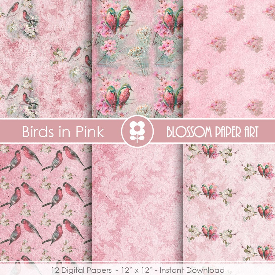 Birds Digital Paper Vintage Paper Birds Pink Vintage - Etsy