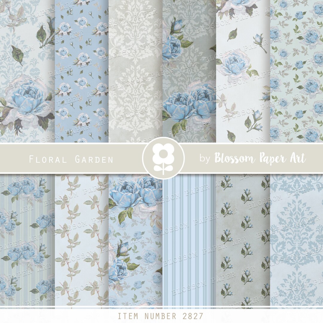 Blue Floral Digital Paper, Shabby Roses Digital Prints, Pale Blue Roses ...