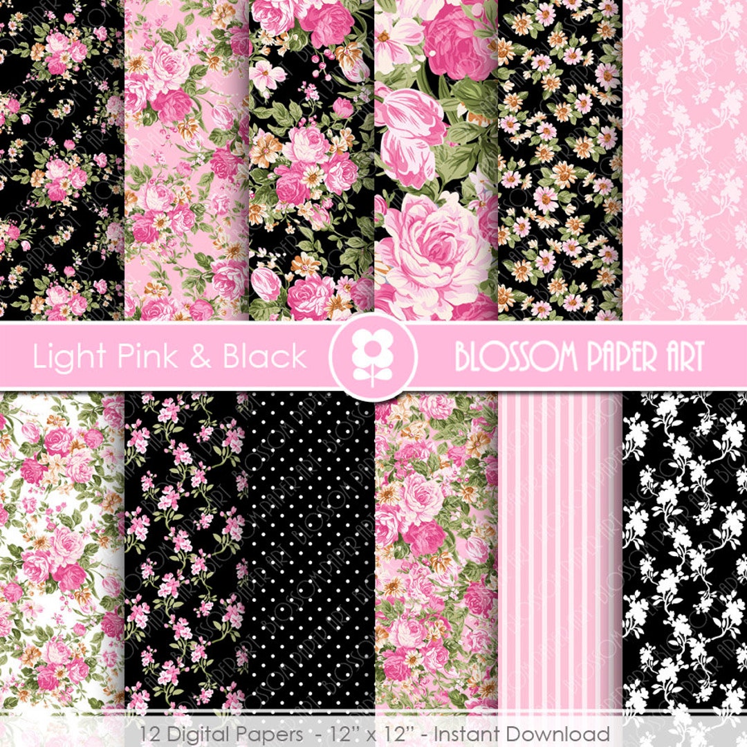 Light Pink Floral Digital Paper, Pink and Black Digital Paper Pack ...