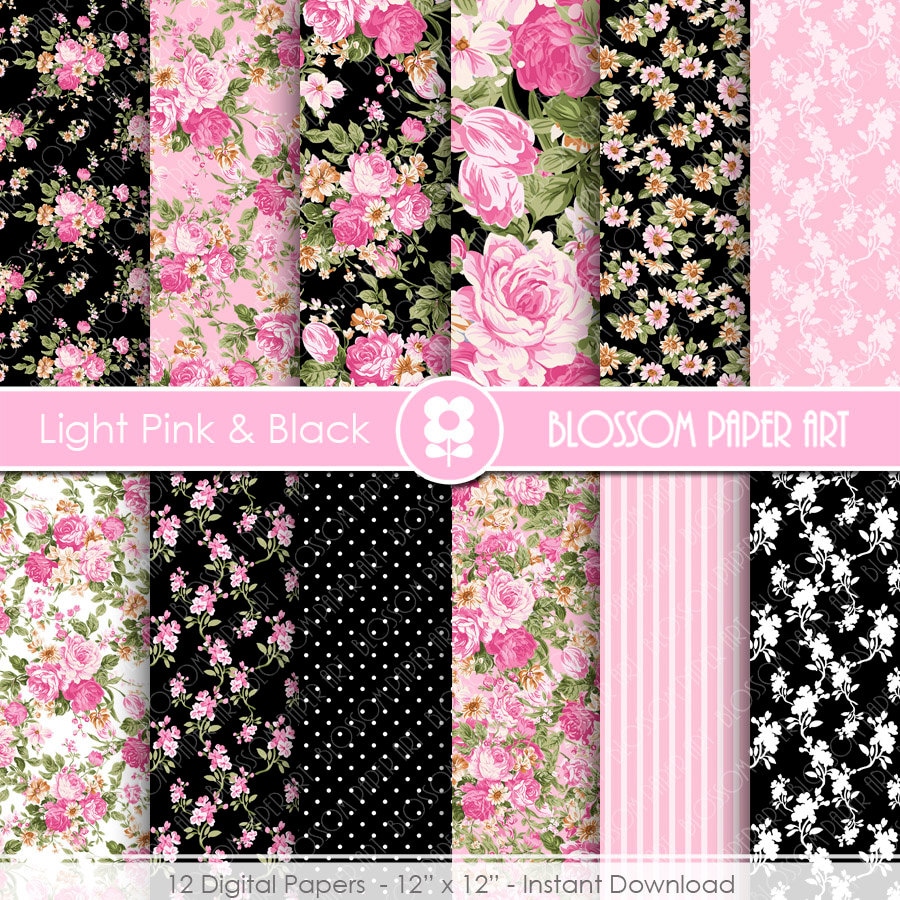 Light Pink Floral Digital Paper Pink and Black Digital Paper | Etsy