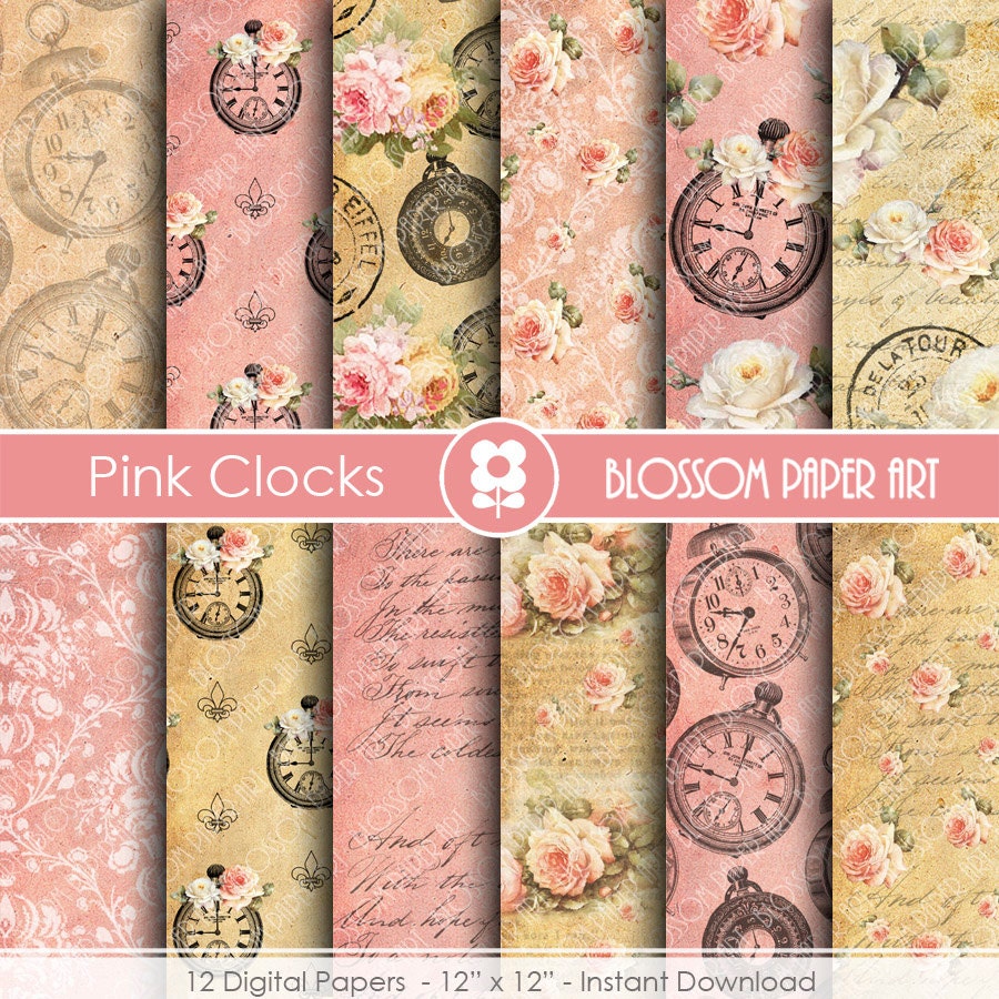 Vintage Digital Paper Clock Digital Collage Sheet Pink Roses | Etsy