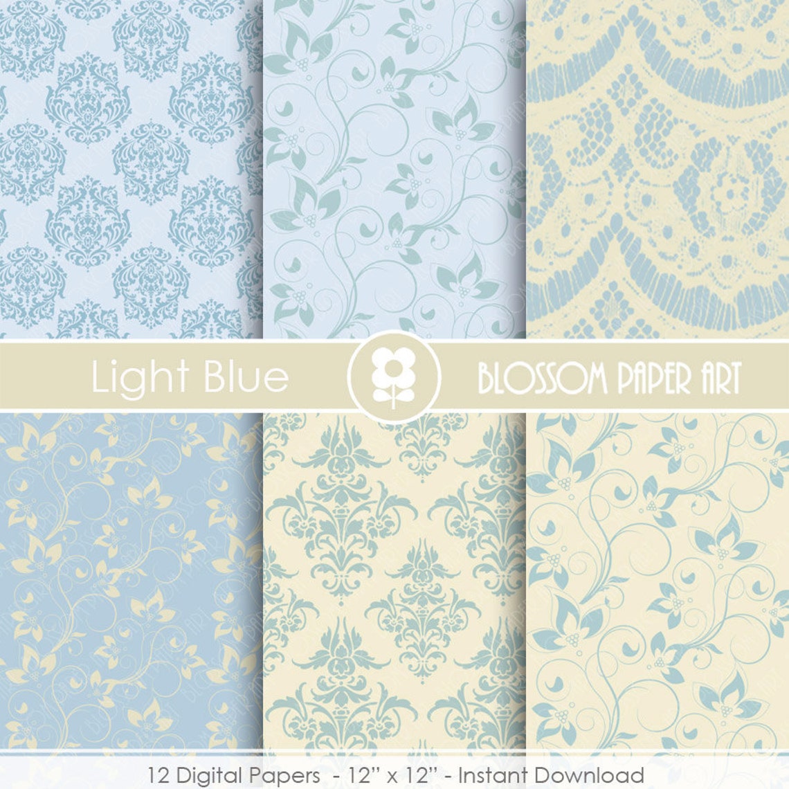 Light Blue Digital Paper Damask Paper Pack Wedding Digital - Etsy