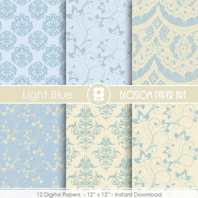 Light Blue Digital Paper Damask Paper Pack Wedding Digital - Etsy