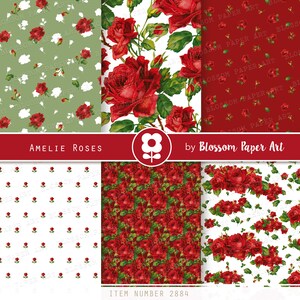 Rose Digital Paper, Red Rose Digital Paper Pack, Red Floral ...
