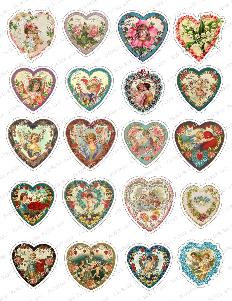 VINTAGE Hearts Valentine Stickers Digital Collage Printable - Etsy