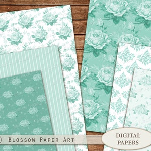 Green Mint Digital Paper, Roses Scrapbook Paper Pack, Aqua Digital ...
