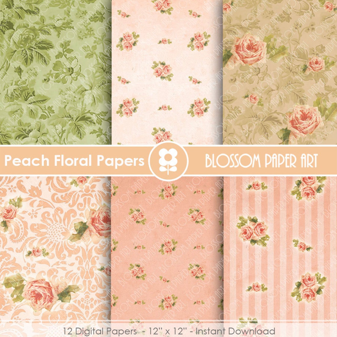 Floral Digital Paper Peach Digital Paper Pack Wedding | Etsy
